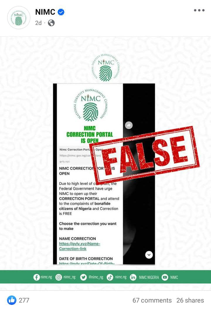 ALERT: Circulating Free NIMC Correction Portal is Scam! - Fact Check Africa